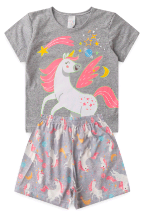 Pijama Infantil Feminino Verão Cavalo - Hey Kids